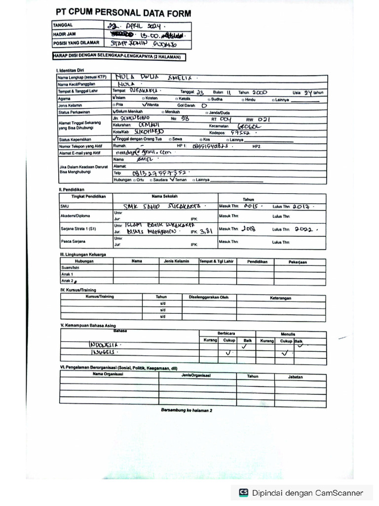 Personal Data Form_ Nola Dwija A | PDF