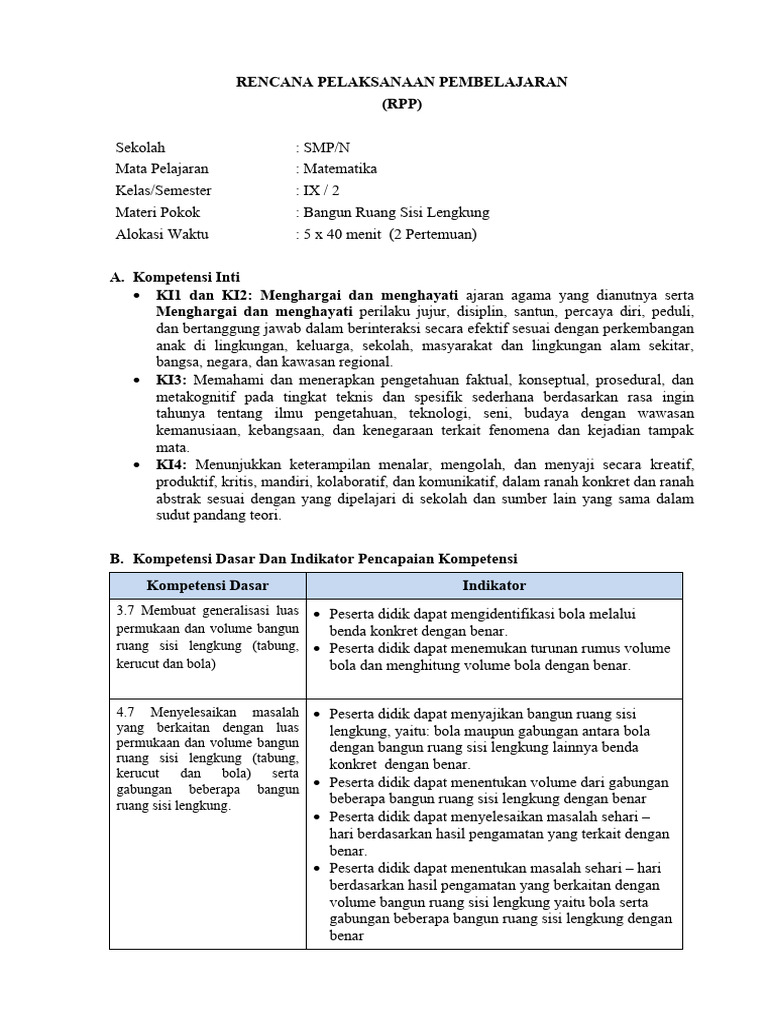 KD 3.7 RPP Bangun Ruang Sisi Lengkung Volume Bola | PDF