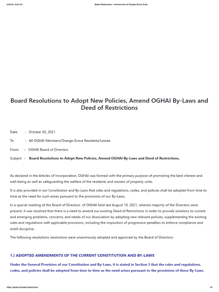 Board Resolutions - Homeowners of Orange Grove Subd | PDF | By Law ...