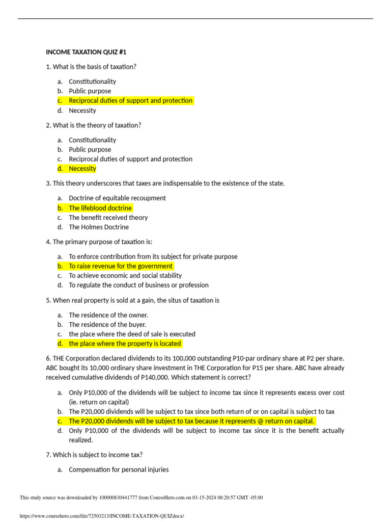 Income Taxation Quiz Overview | PDF | Taxes | Taxpayer