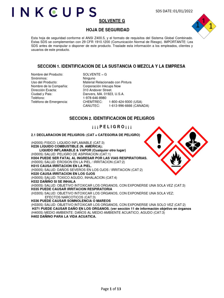 Solvente G Hoja de Seguridad 2022 | PDF | Agua | Solvente