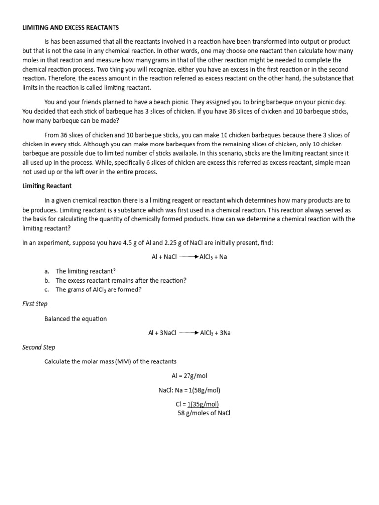 Lesson Vi Limiting And Excess Reactants Pdf Mole Unit Chemical Reactions