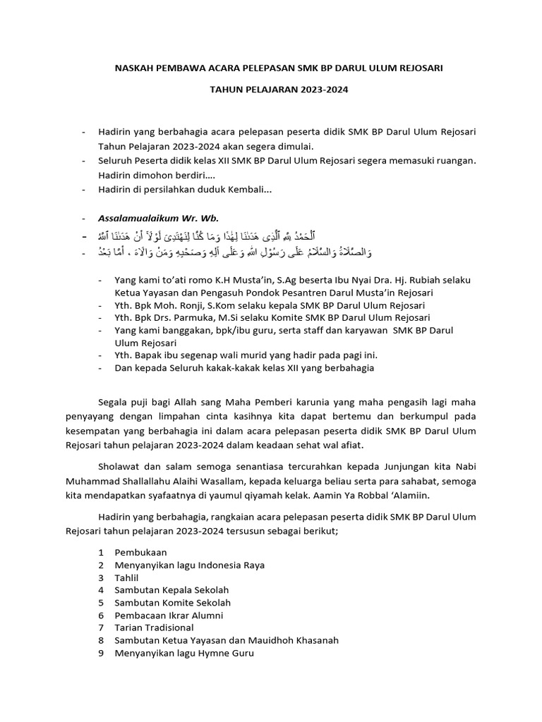 Naskah Pembawa Acara Pelepasan SMK BP Darul Ulum Rejosari | PDF