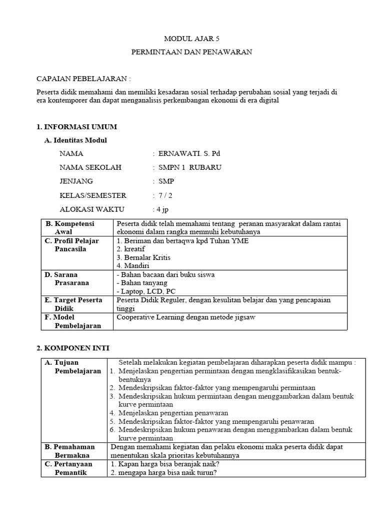 MODUL AJAR 5. Permintaan Dan Penawaran | PDF