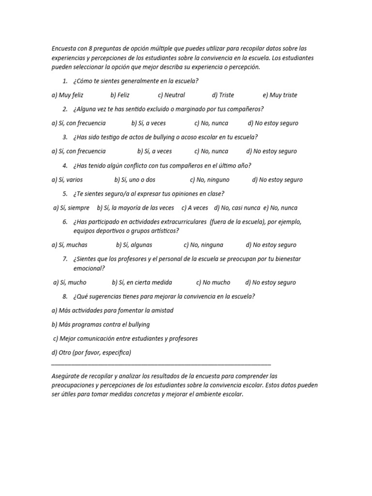 Encuesta Con 8 Preguntas de Opción Múltiple Que Puedes Utilizar para Recopilar Datos Sobre Las ...