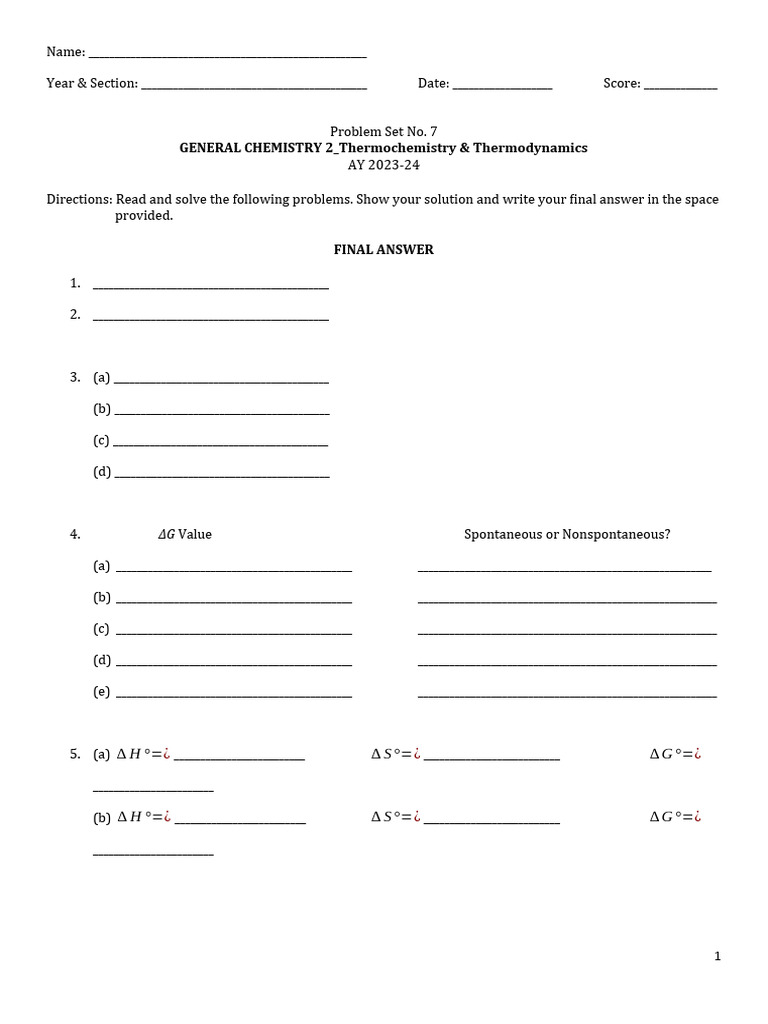 Thermochemistry Problem Set 7 Solutions | PDF | Chlorine | Chemical ...