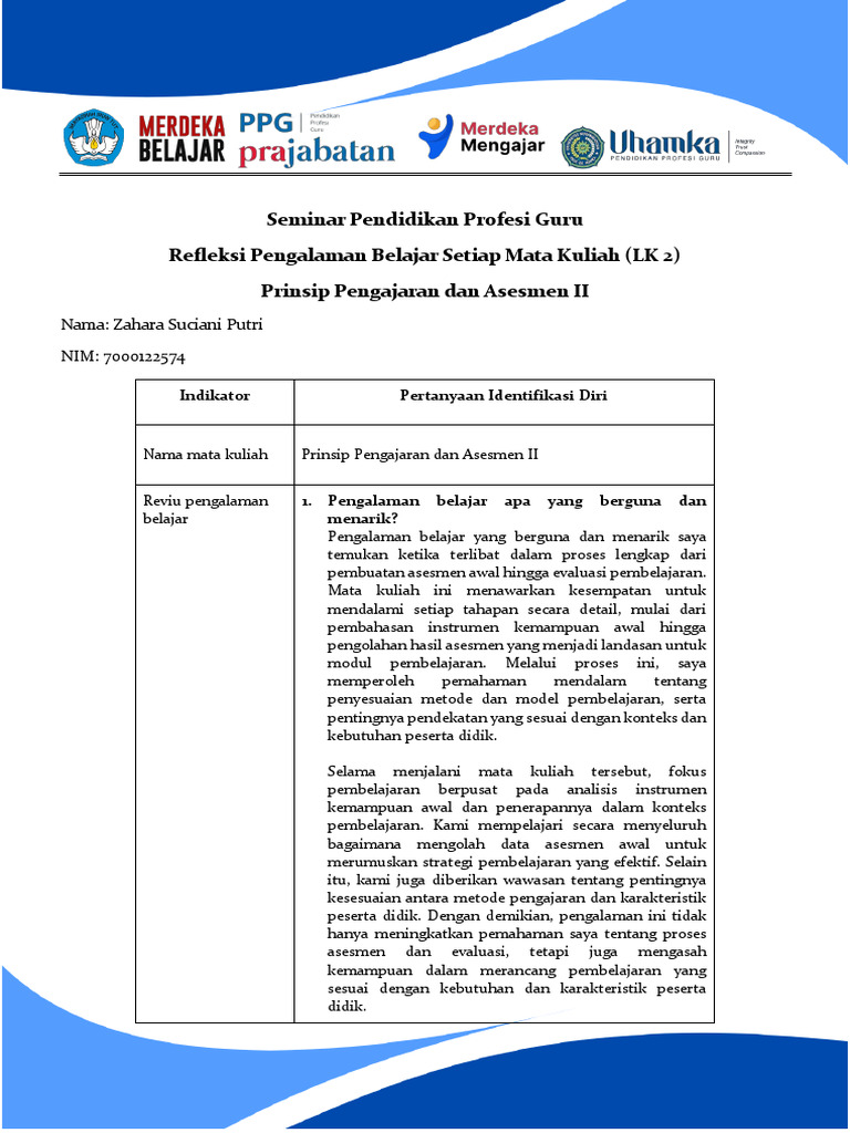 Jurnal Refleksi - Zahara - PPA II | PDF