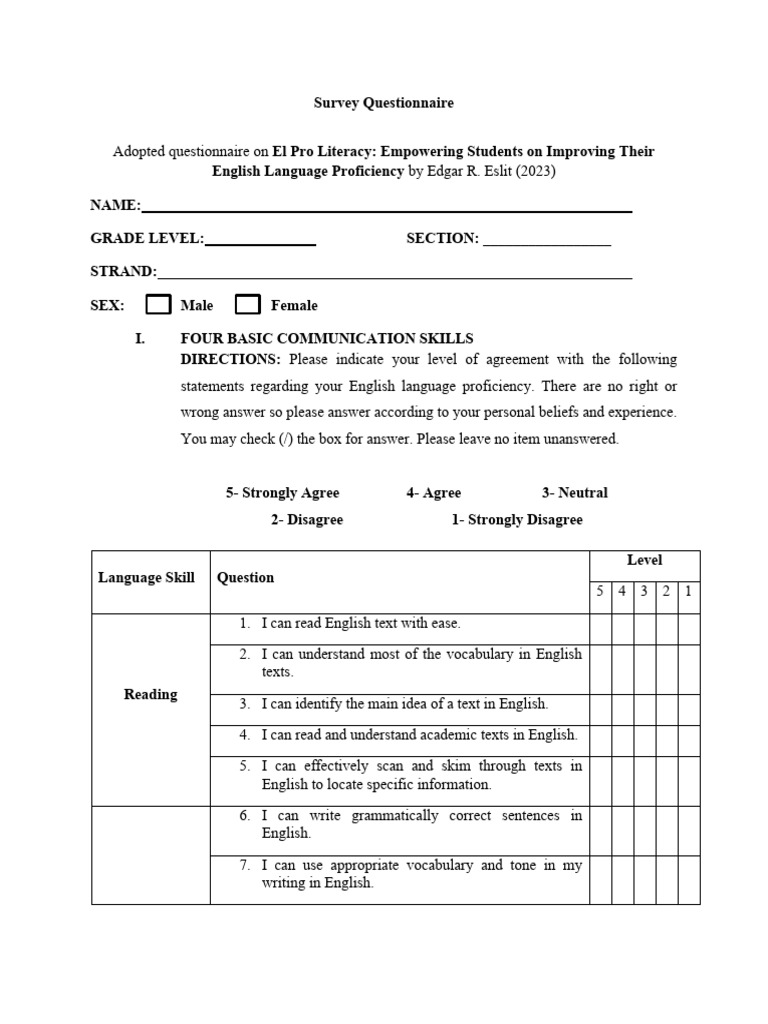 Survey Questionnaire - Group 3 | PDF | English Language | Vocabulary