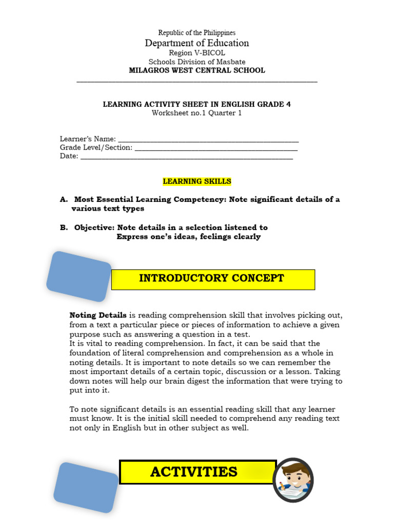 LASQ1 W1 Note | PDF | Reading Comprehension | Learning
