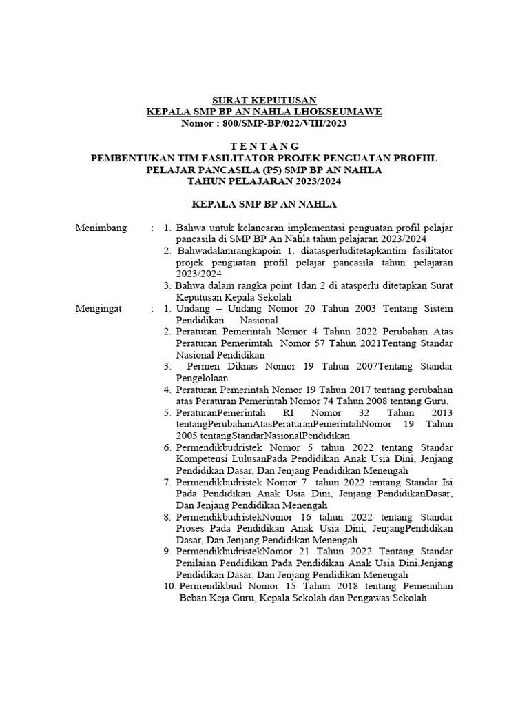 SK Fasilitator P5 SMP BP An Nahla 2023-2024 | PDF