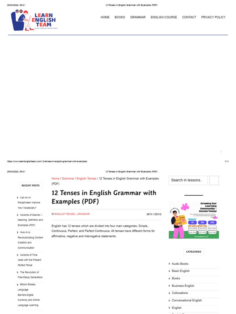 12 Tenses in English Grammar With Examples PDF | PDF | English Language ...