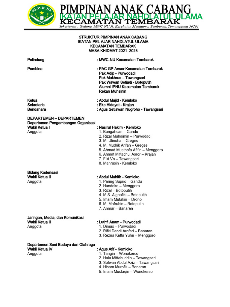 Susunan Pengurus Pac Ipnu 2024 | PDF