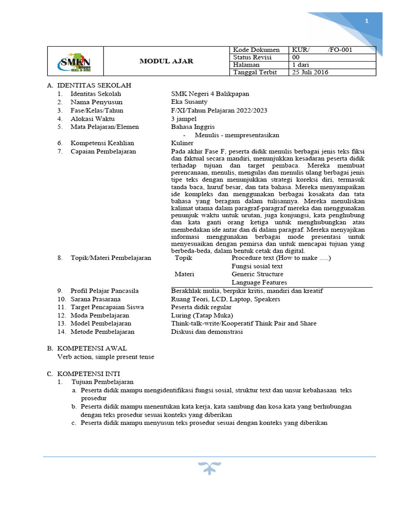 Modul Ajar Procedure Text | PDF
