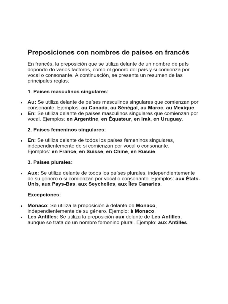 Preposiciones Países en Francés | PDF