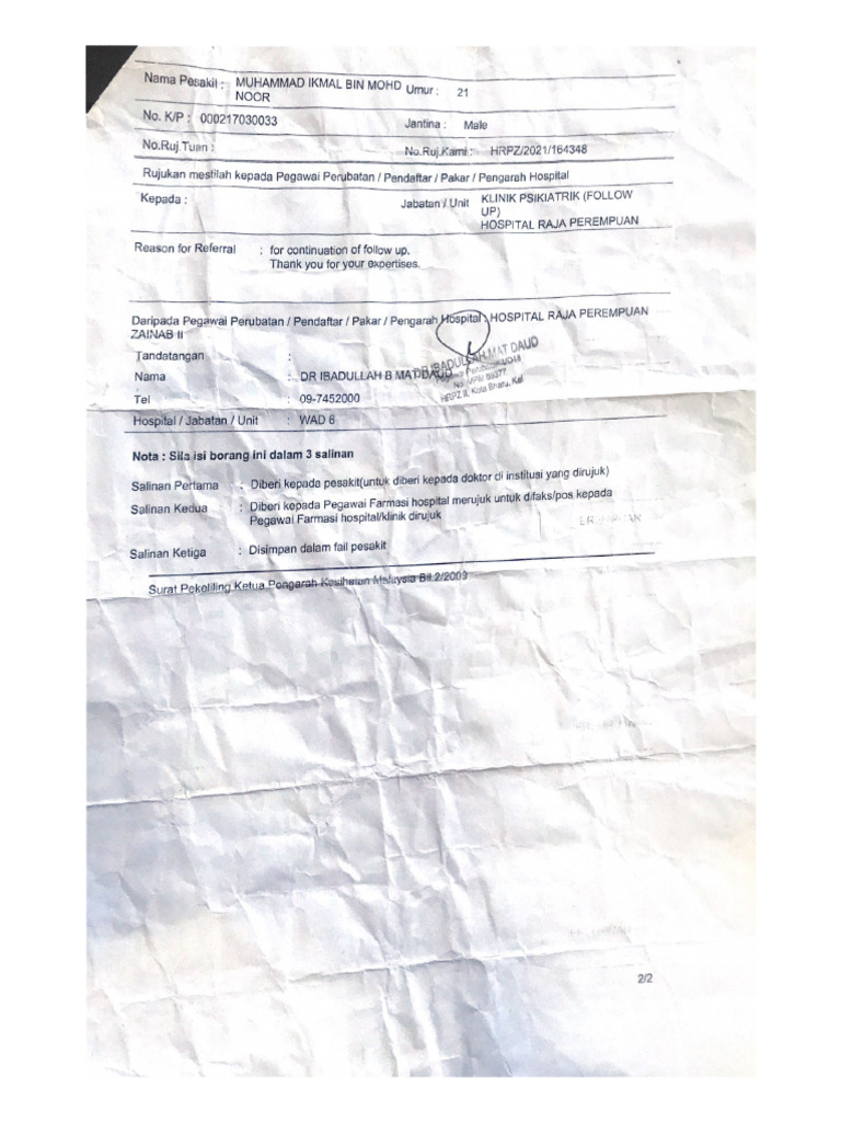Nama Pesakit Muhammad Ikmal Bin Mohd | PDF