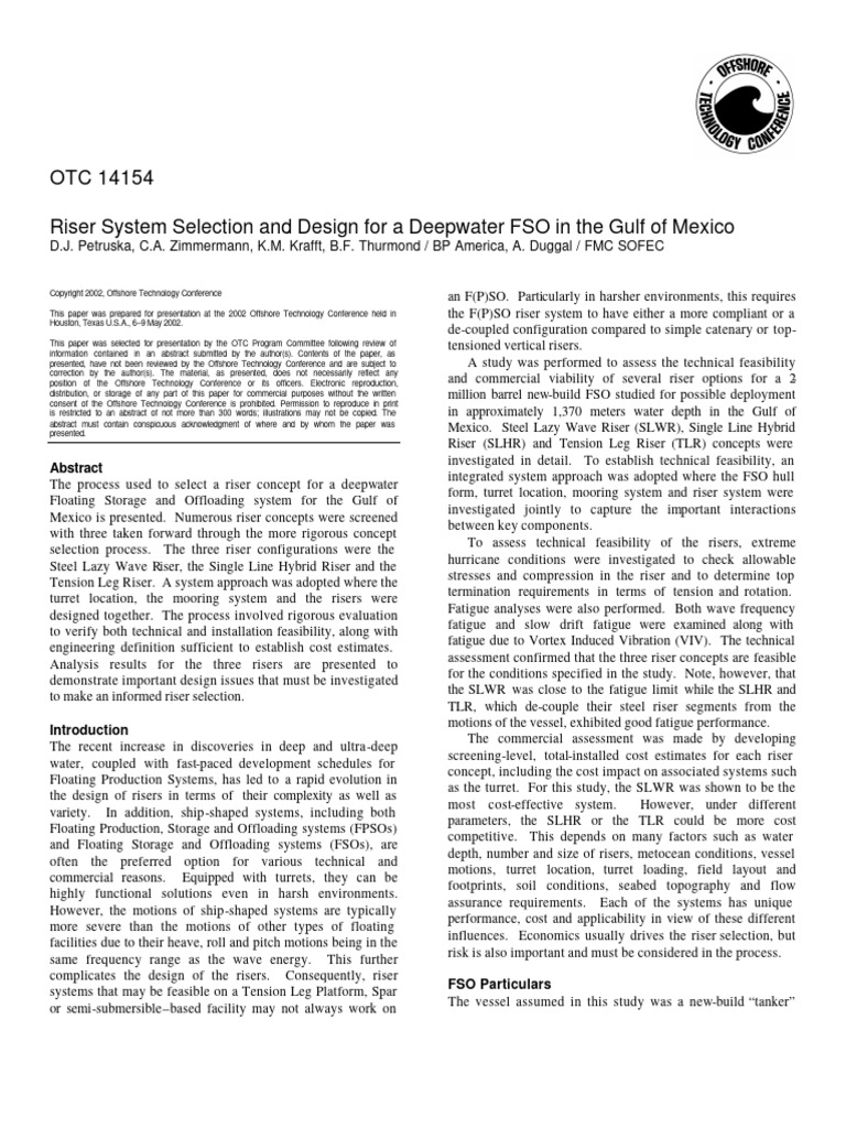 2002 OTC 14154 Riser System Selection and Design For A Deepwater FSO in ...