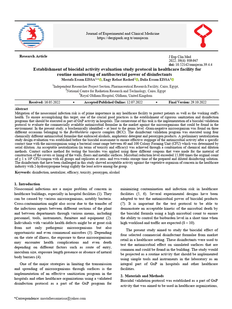 Establishment of Biocidal Activity Evaluation Study Protocol in ...
