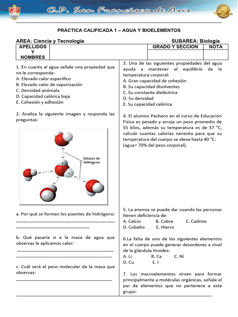 Propiedades del Agua y Bioelementos en Biología | PDF | Agua | Calcio