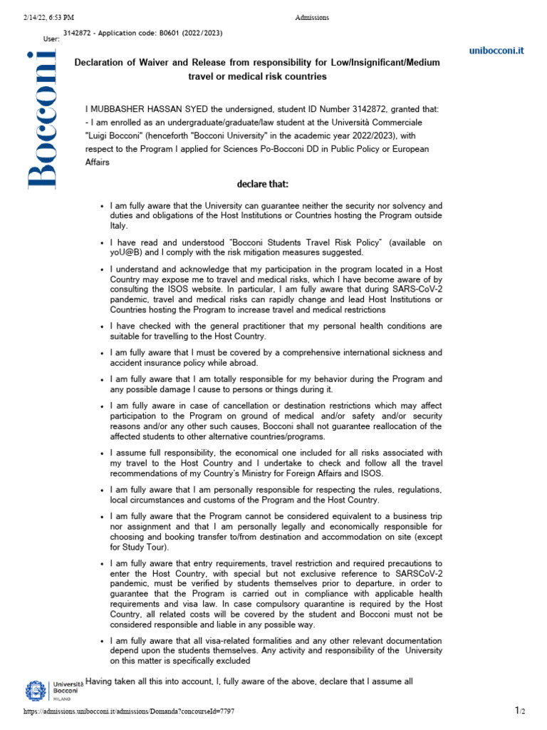 Declaration of Waiver and Release From Responsibility For Low - Insignificant - Medium Travel or ...