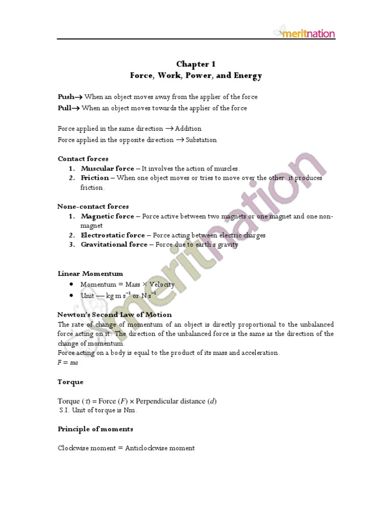 Force, Work, Power, and Energy: Torque Force (F) × Perpendicular ...