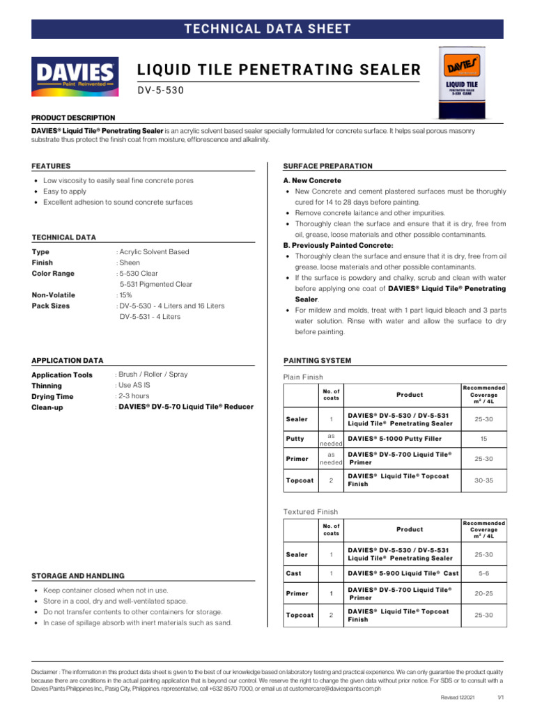 Tds DV 5 53x Liquid Tile Penetrating Sealer | PDF | Concrete | Acrylic ...