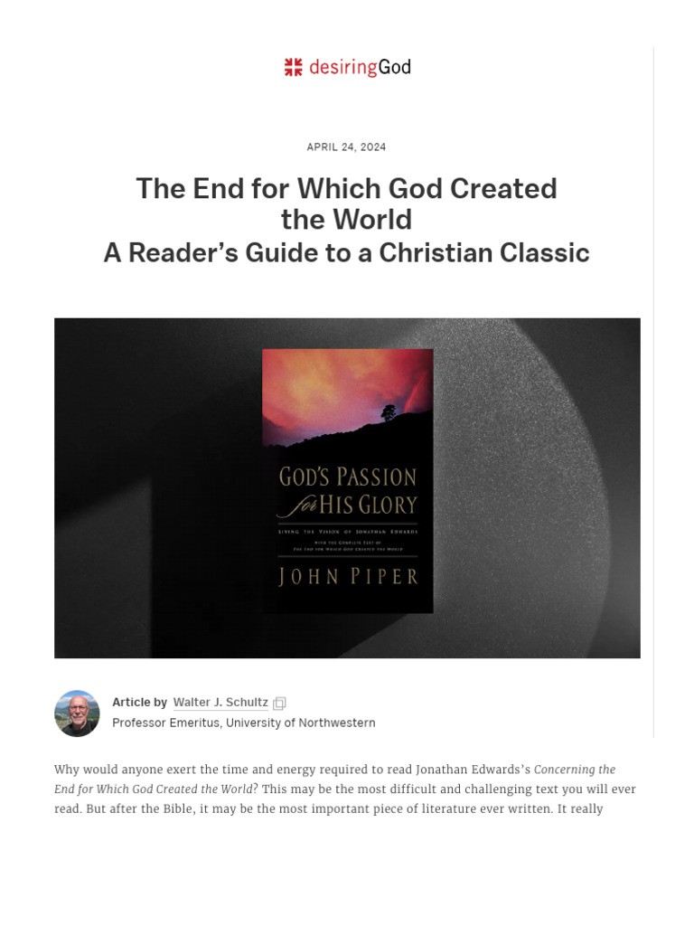 The End For Which God Created The World - A Reader's Guide To A Christian Classic - Desiring God ...