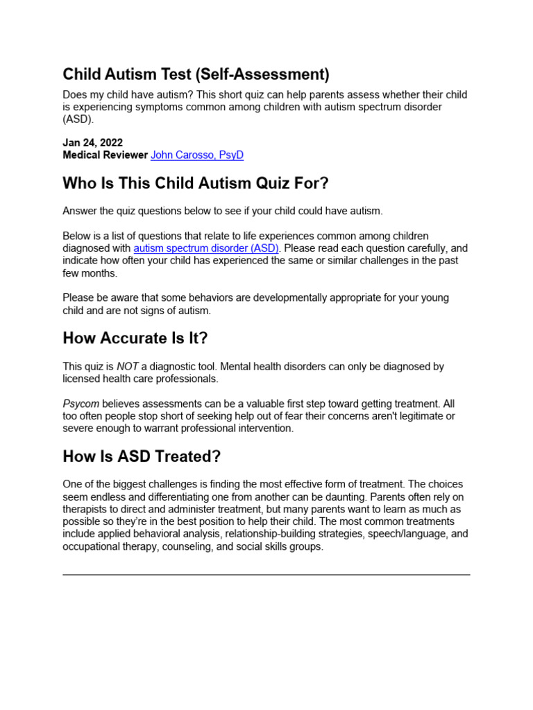 Child Autism Self-Assessment Quiz | PDF | Autism Spectrum | Mental Disorder