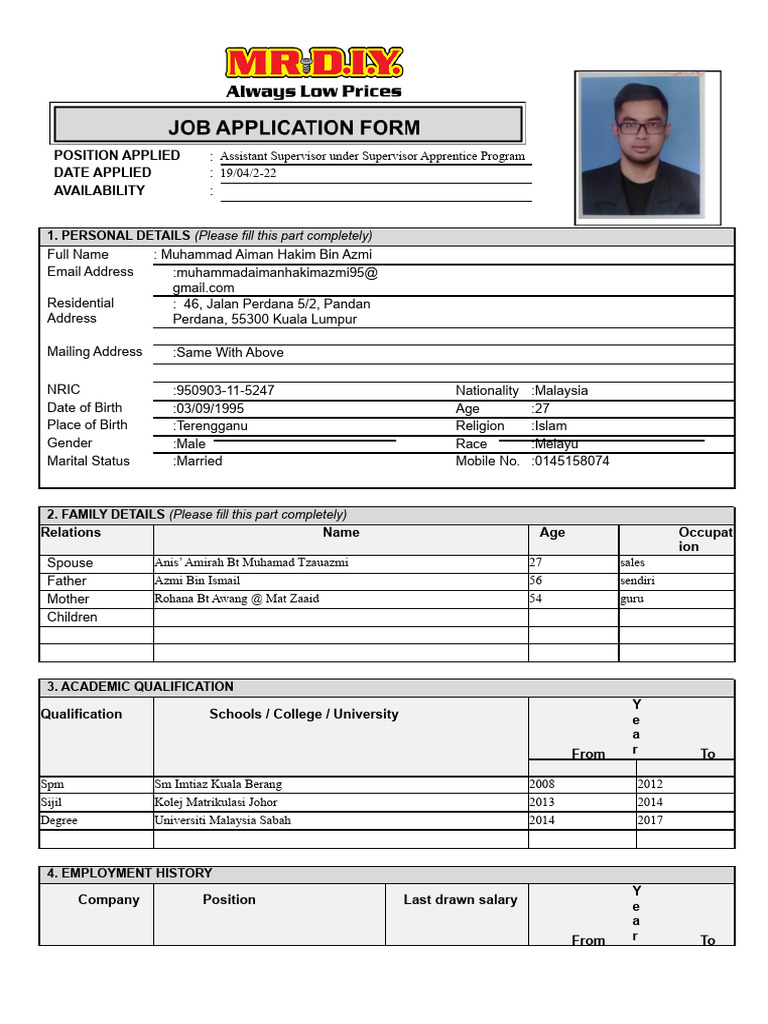 MR DIY Job Application Form | PDF | Malaysia