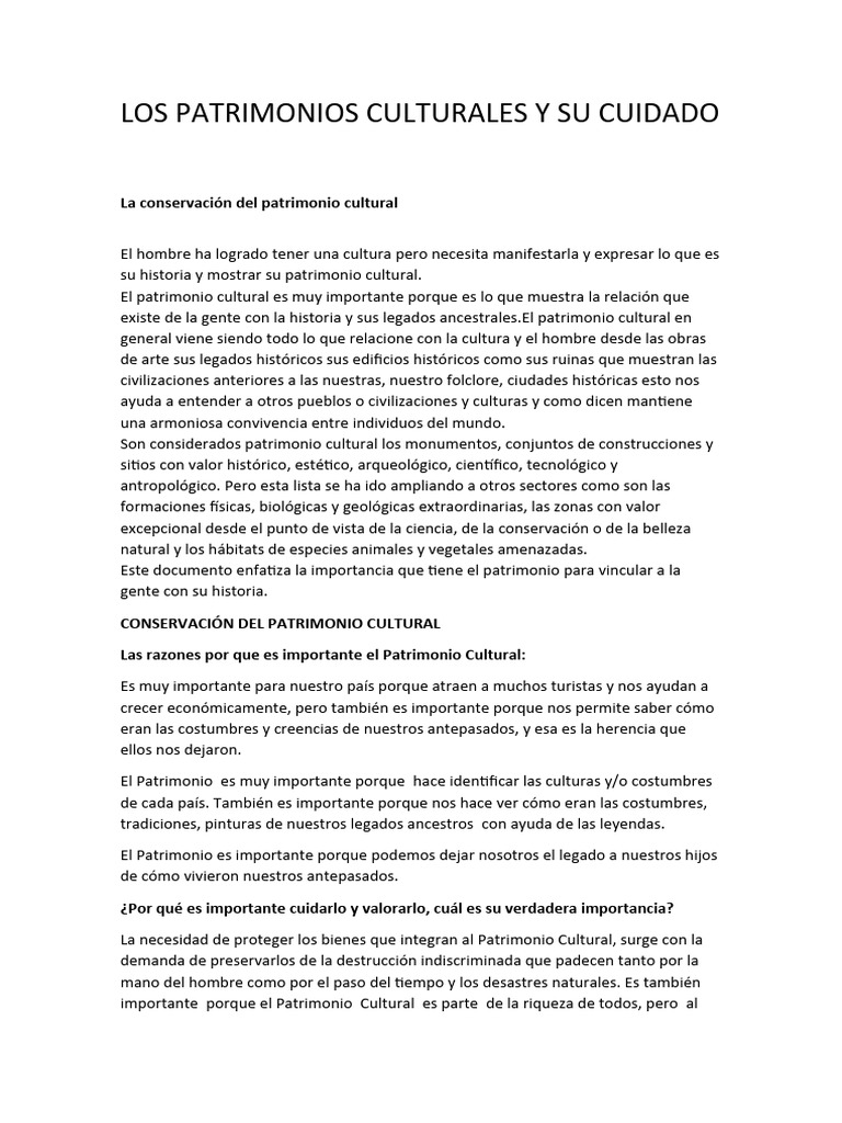 Los Patrimonios Culturales y Su Cuidado | PDF | Patrimonio cultural ...