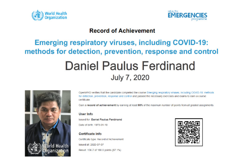 WHO Certificate Daniel P Ferdinand | PDF