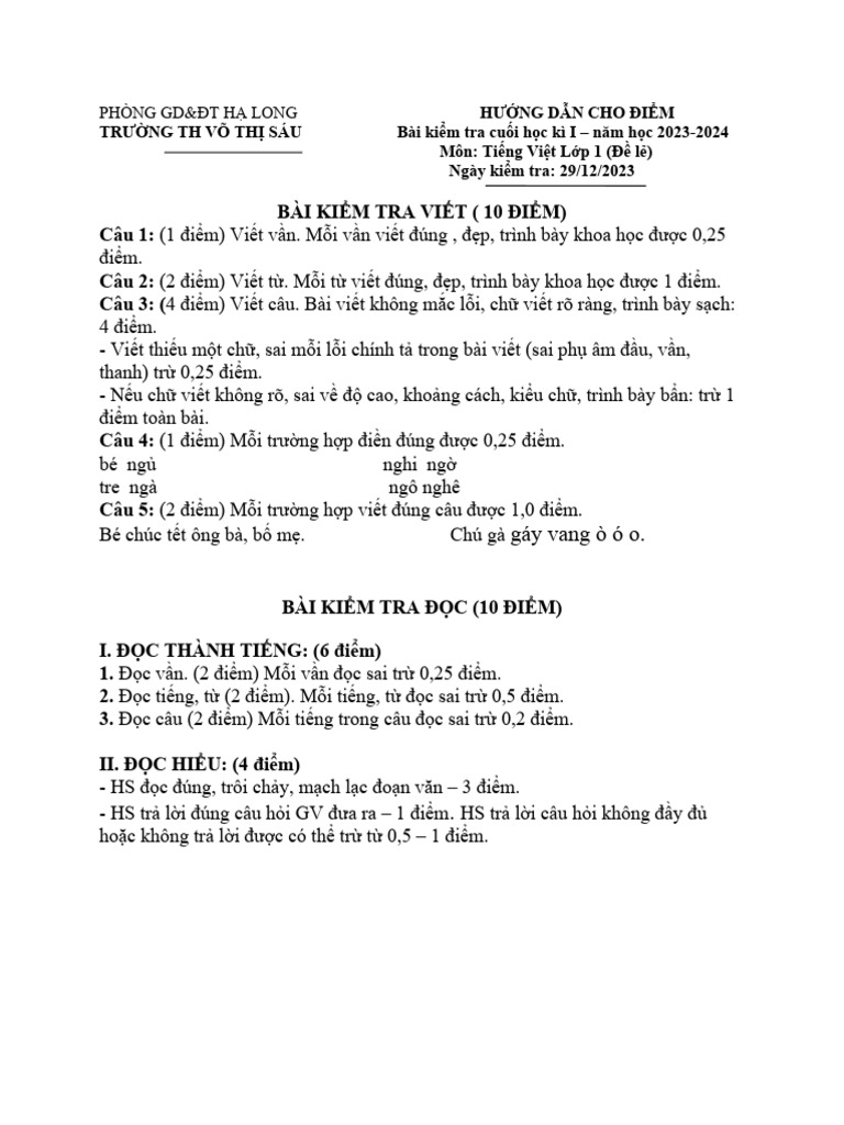 Biểu Điểm Đáp Án TV Lớp 1 CK1 | PDF