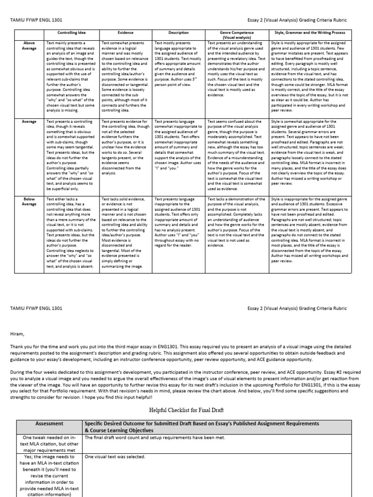 Visual Analysis Essay Grading Rubric | PDF | Essays | Paragraph