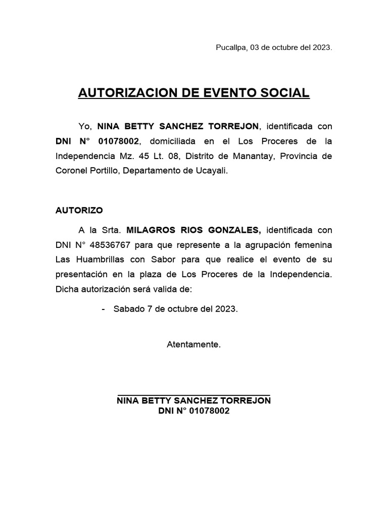 Autorizacion Evento Social | PDF