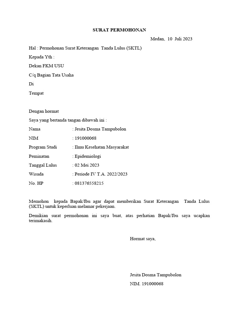 Surat Permohonan SKTL Jesita | PDF