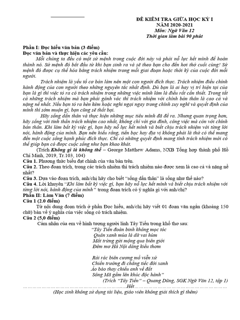 ĐỀ KT GIỮA HK I K 12 | PDF