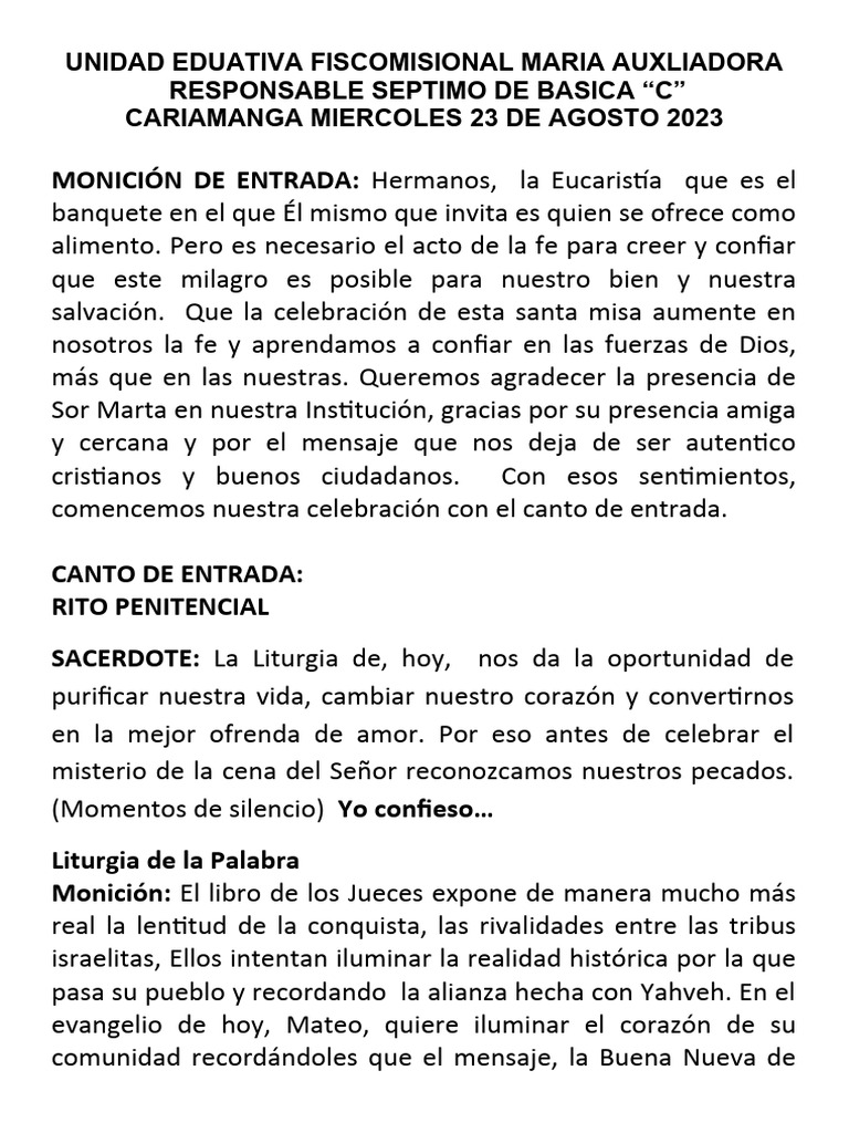 EUCARISTIA 7mo EGB B 23 DE AGOSTO 2023 | PDF | eucaristía