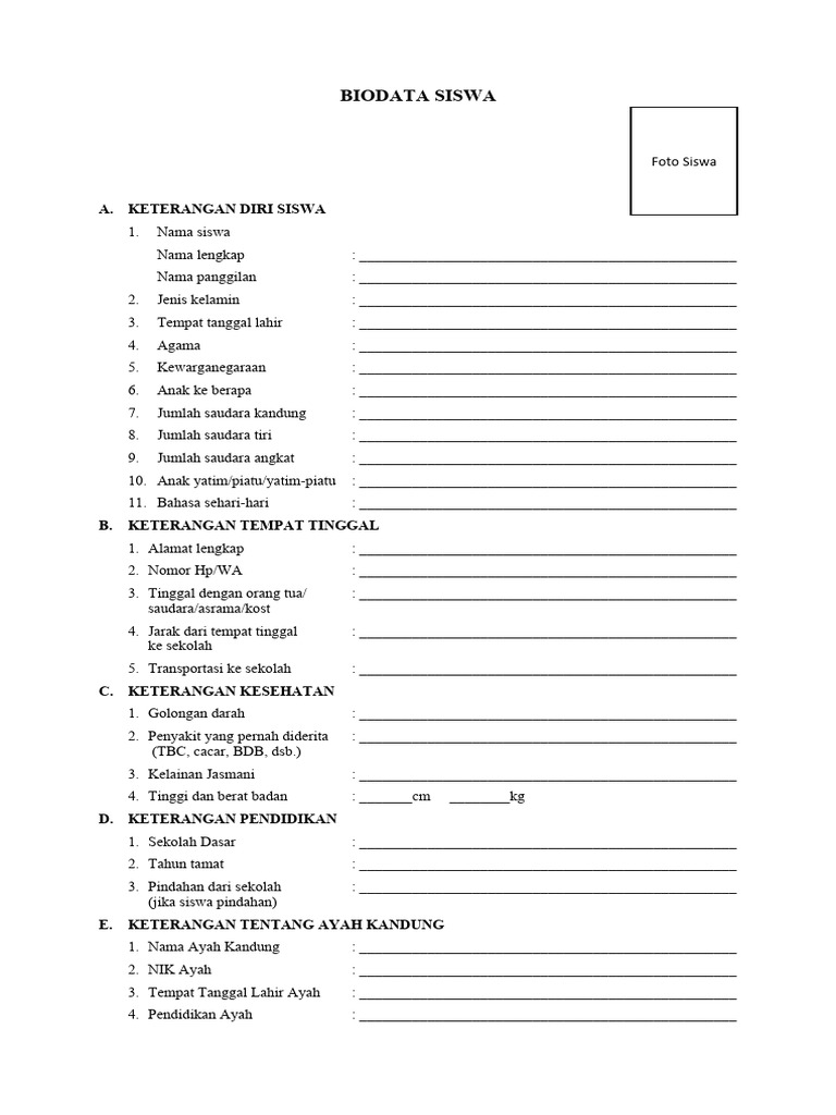 Biodata Siswa Lengkap | PDF
