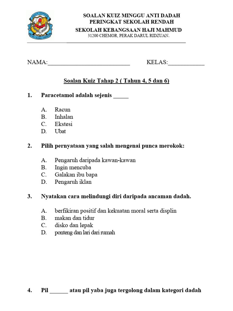 Soalan Kuiz Minggu Anti Dadah Peringkat Sekolah Rendah | PDF