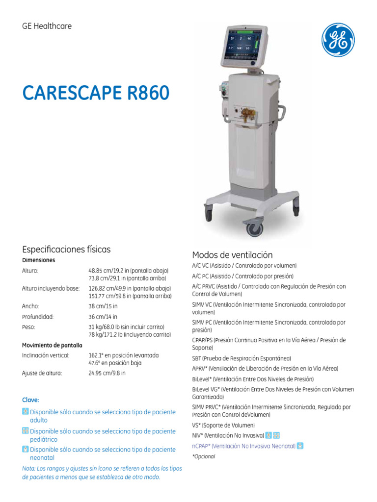 Especificaciones del Ventilador CARESCAPE R860 | PDF | Oxígeno ...
