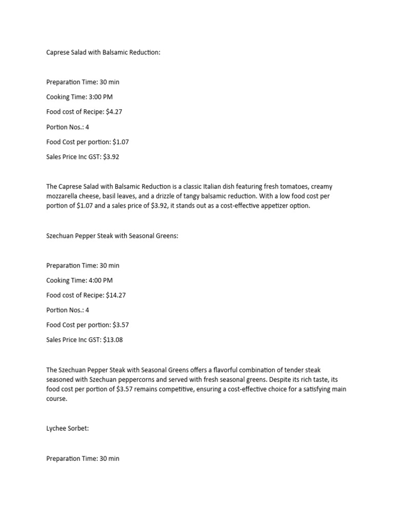 12 dish descriptions covering the points | PDF | Salad | Desserts