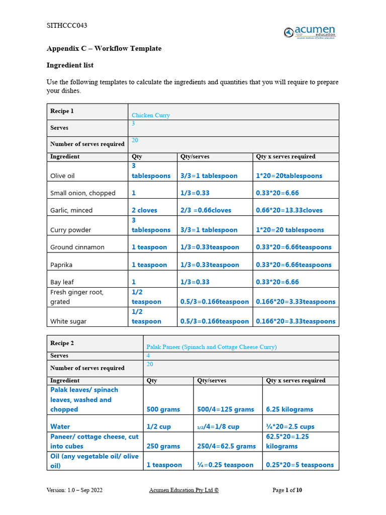 14 - SITHCCC043 - Appendix C 2 | Download Free PDF | Teaspoon | Grilling
