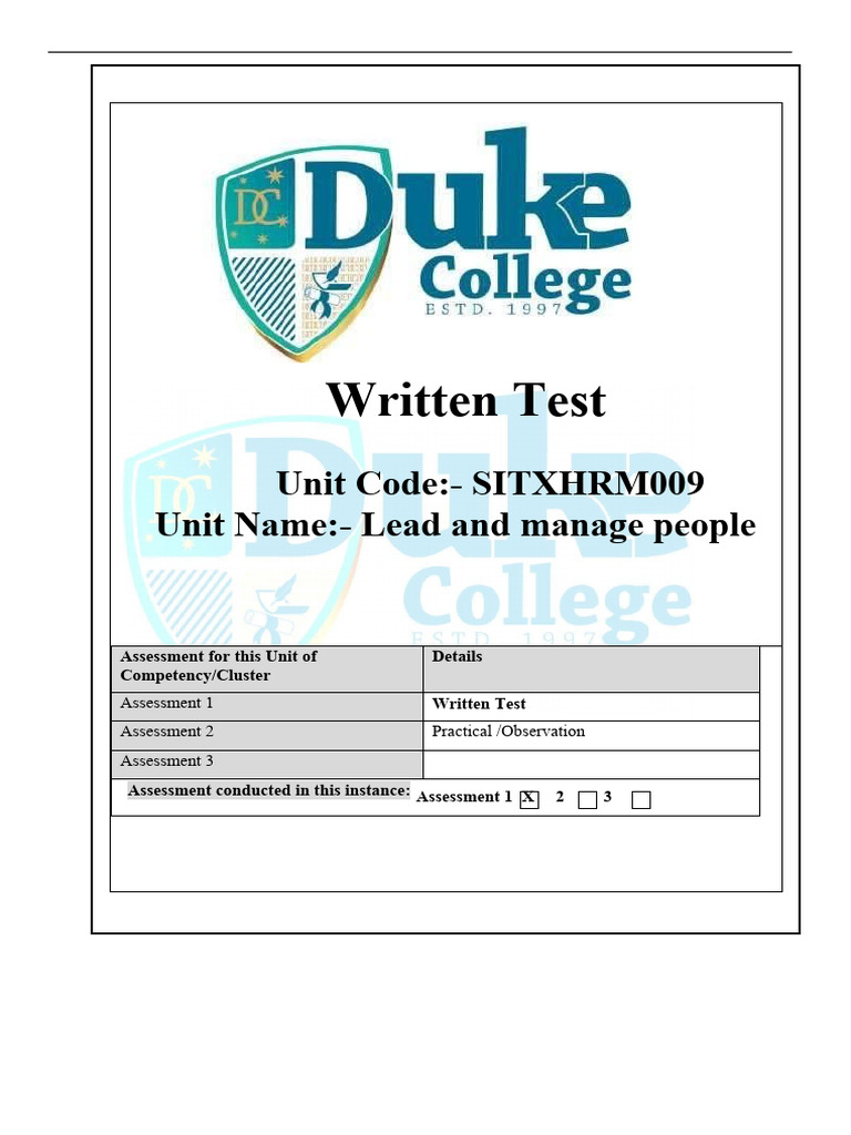 Written Test: Unit Code:-SITXHRM009 Unit Name: - Lead and Manage People ...