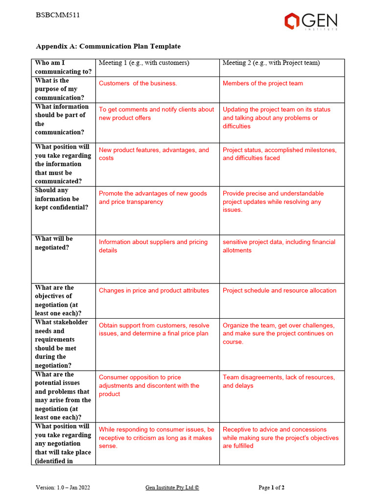 Appendix A - Communication Plan Template | PDF | Negotiation | Information