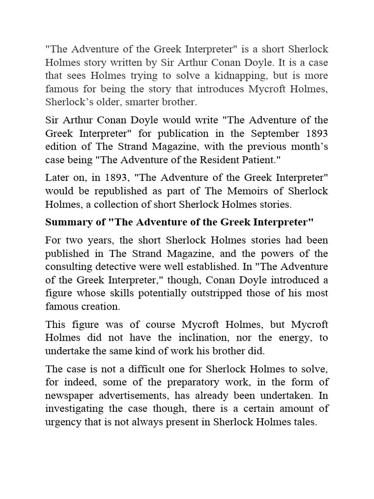 The Greek Interpreter | PDF | Sherlock Holmes | Arthur Conan Doyle ...