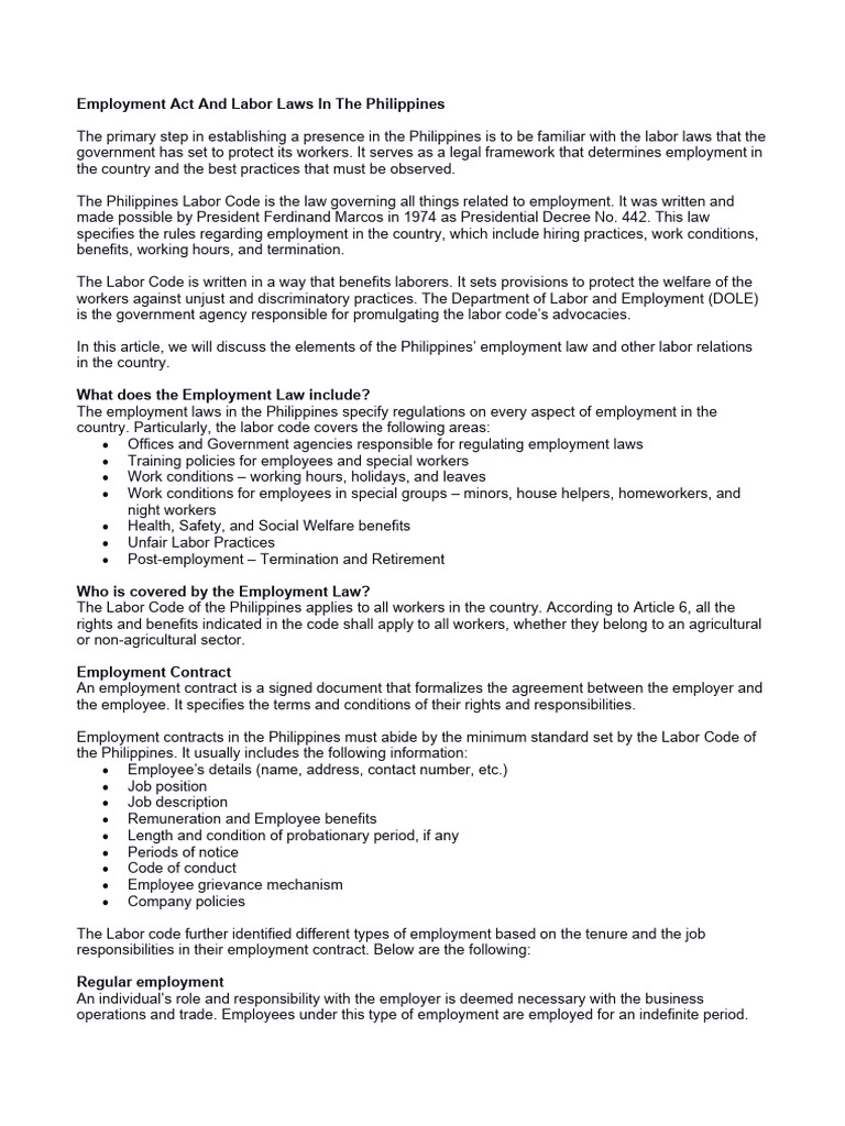 Employment Act and Labor Laws in The Philippines | PDF | Employment ...