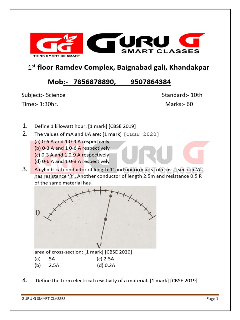 Science Class 10 Exam Questions | PDF | Electrical Resistance And ...