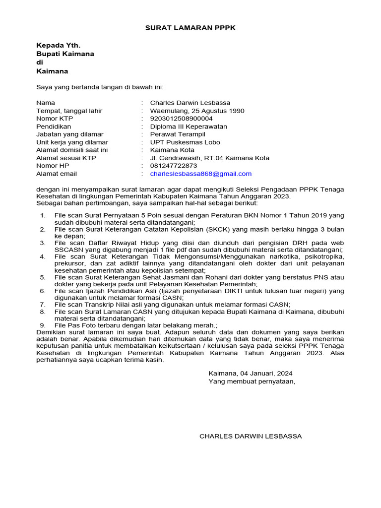 Surat Lamaran PPPK Perawat Kaimana | PDF