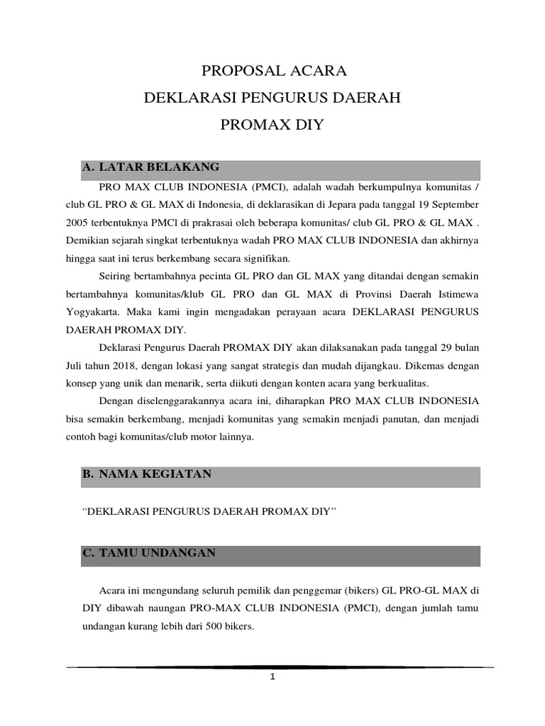 Proposal Acara Deklarasi Pengurus Daerah Promax Diy | PDF Proposal Acara Deklarasi Pengurus Daerah Promax Diy | PDF