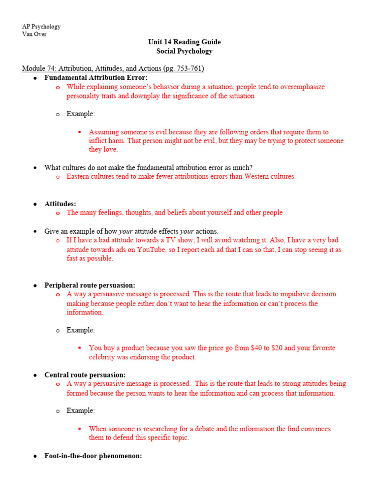 Unit 14 Social Psych Reading Guide | PDF | Conformity | Attitude ...