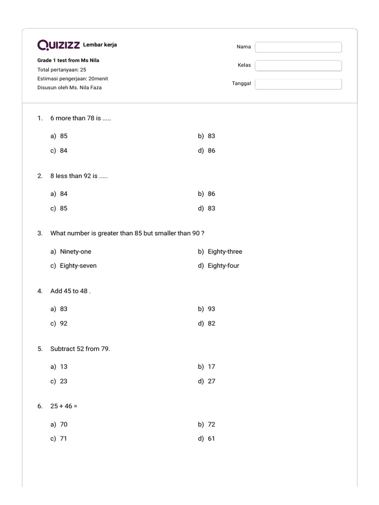 Grade 1 Test From Ms Nila - Quizizz | PDF | Graphic Design | Vision